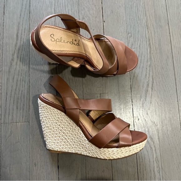 Splendid | Shoes | Splendid Camel Leather Espadrille Wedge Slipon Heel ...
